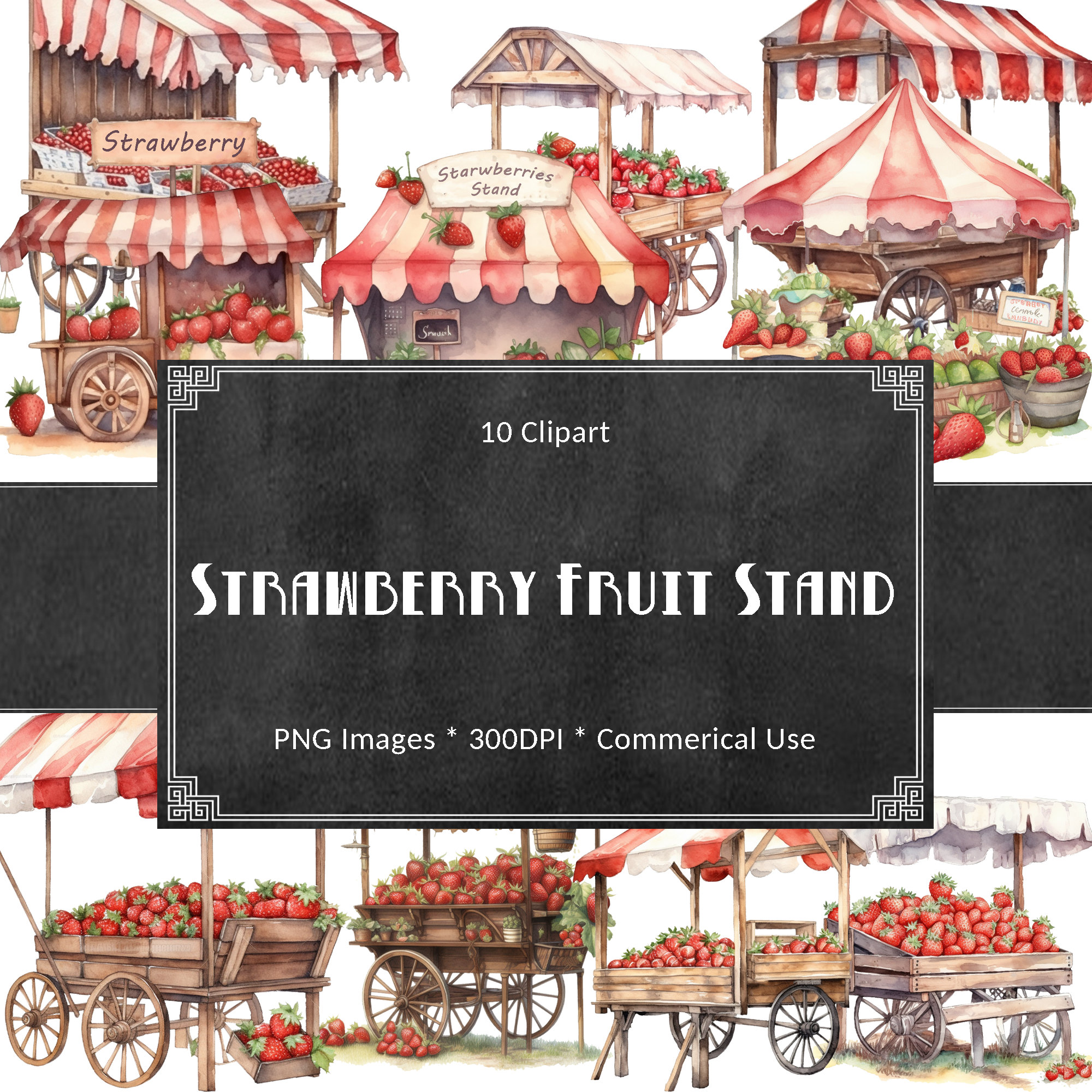 Watercolor Strawberry Fruit Stands Clipart - Digital Png Strawberry ...