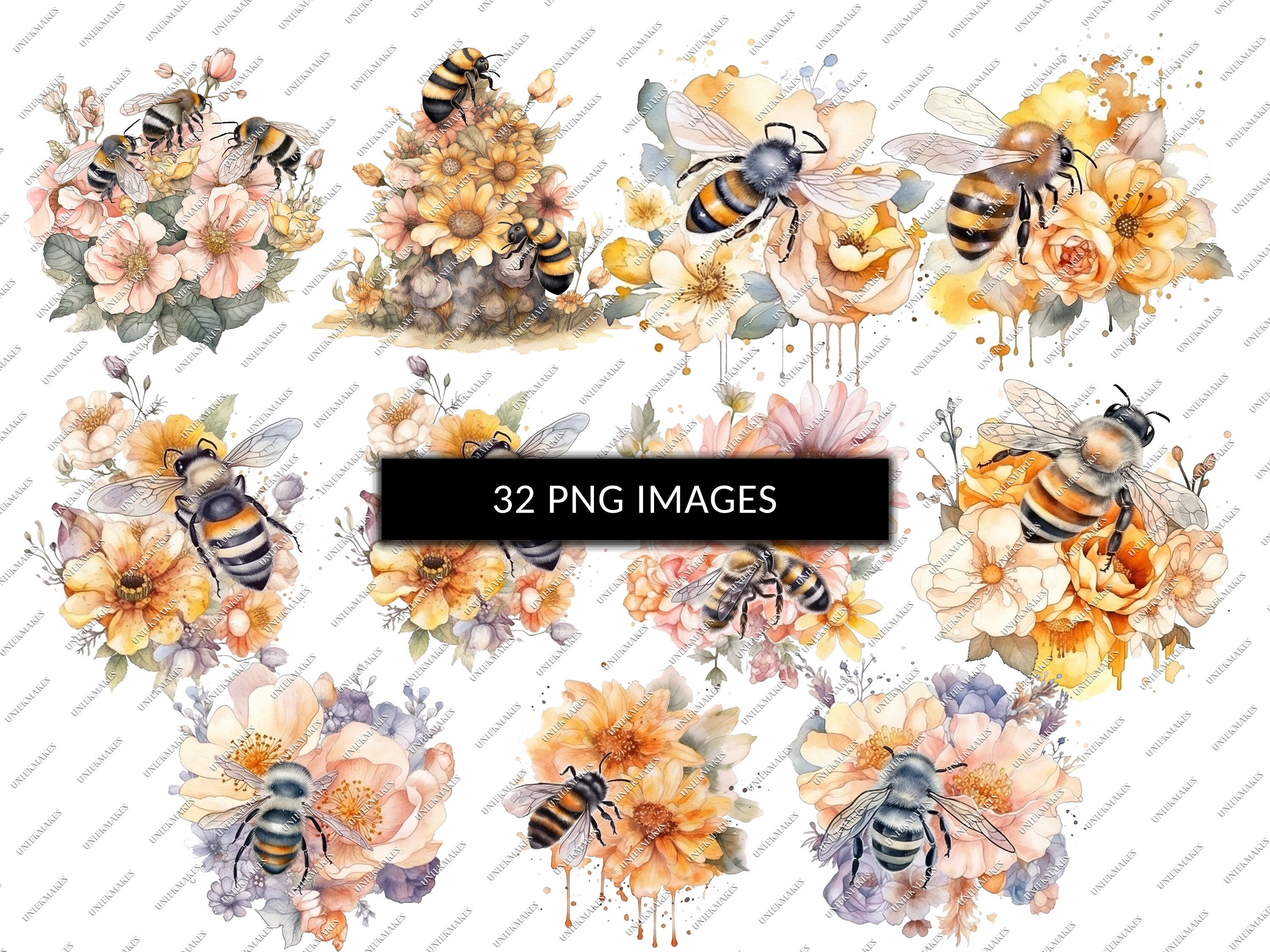 Watercolor Bees & Flowers Clipart - Digital Png Bees and Flowers ...