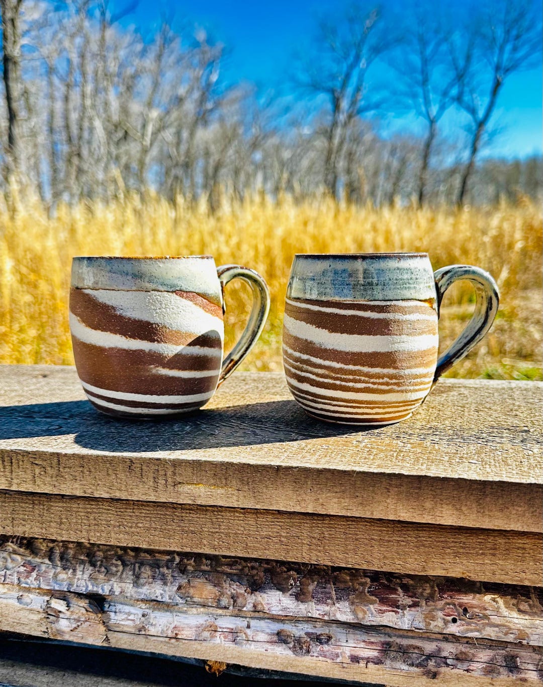 Set of Rustic Swirl Mugs, Stoneware Cups, Farmhouse Pottery - Etsy