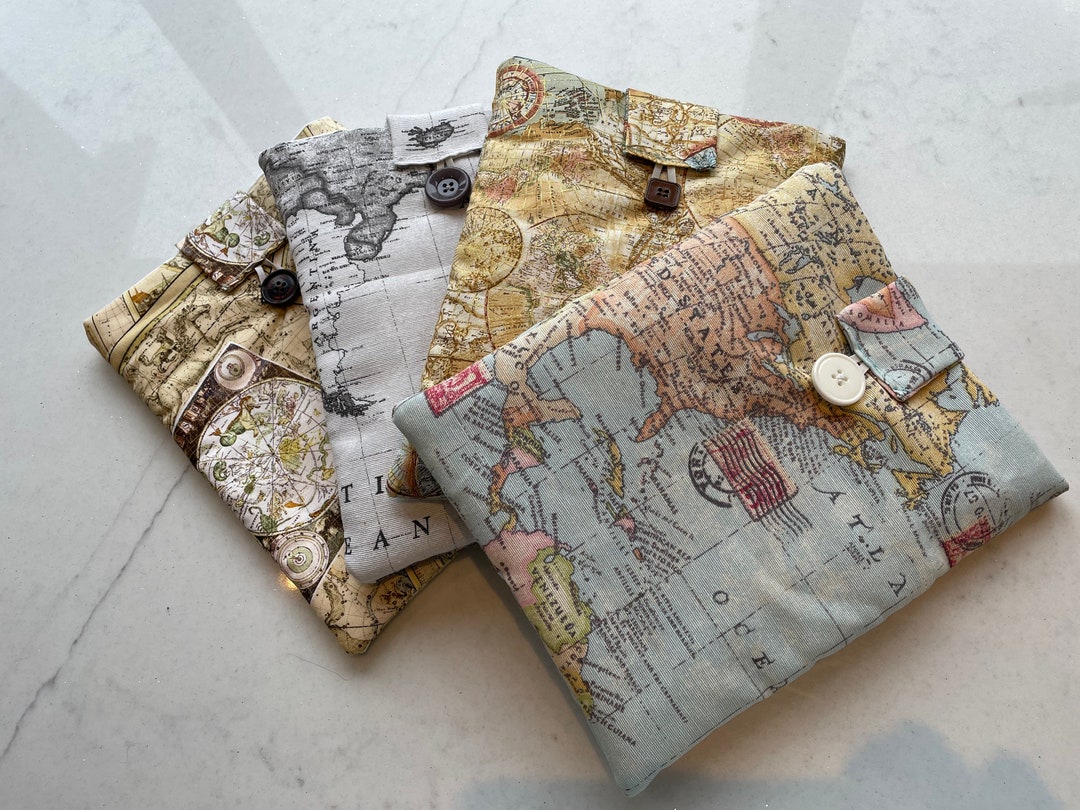 World Map Book Sleeve, Cotton Cover & Lining With Padding for Extra ...