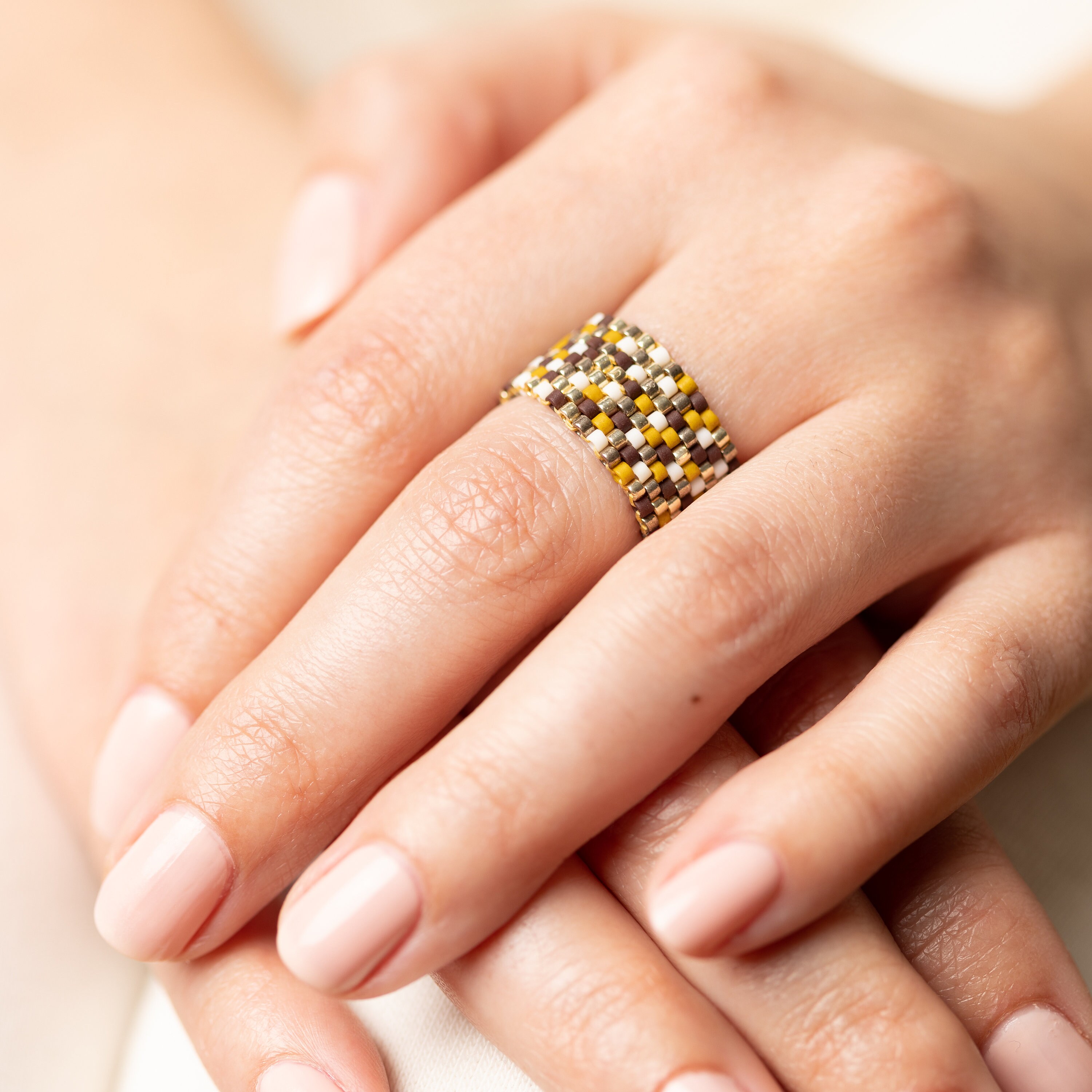 Cappuccino - High-end Beaded Ring, Seed Bead Ring, Bead Woven Band Ring ...