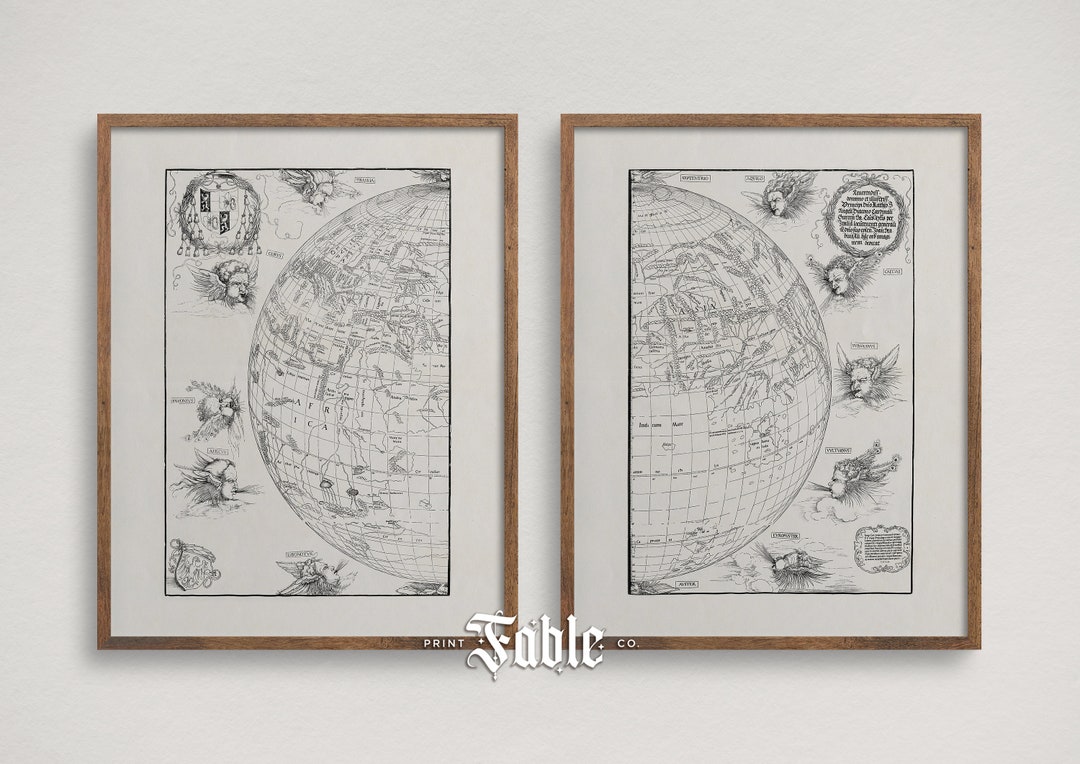 Vintage Map Set of 2 Illustrations | Antique World Map Prints ...