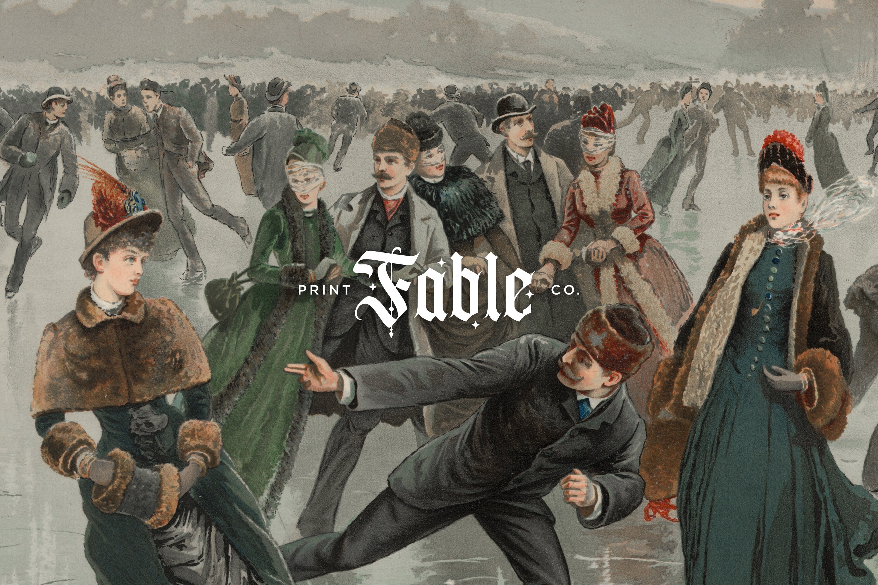 Vintage Ice Skating Artwork | Printable Winter Skaters on Frozen Lake ...