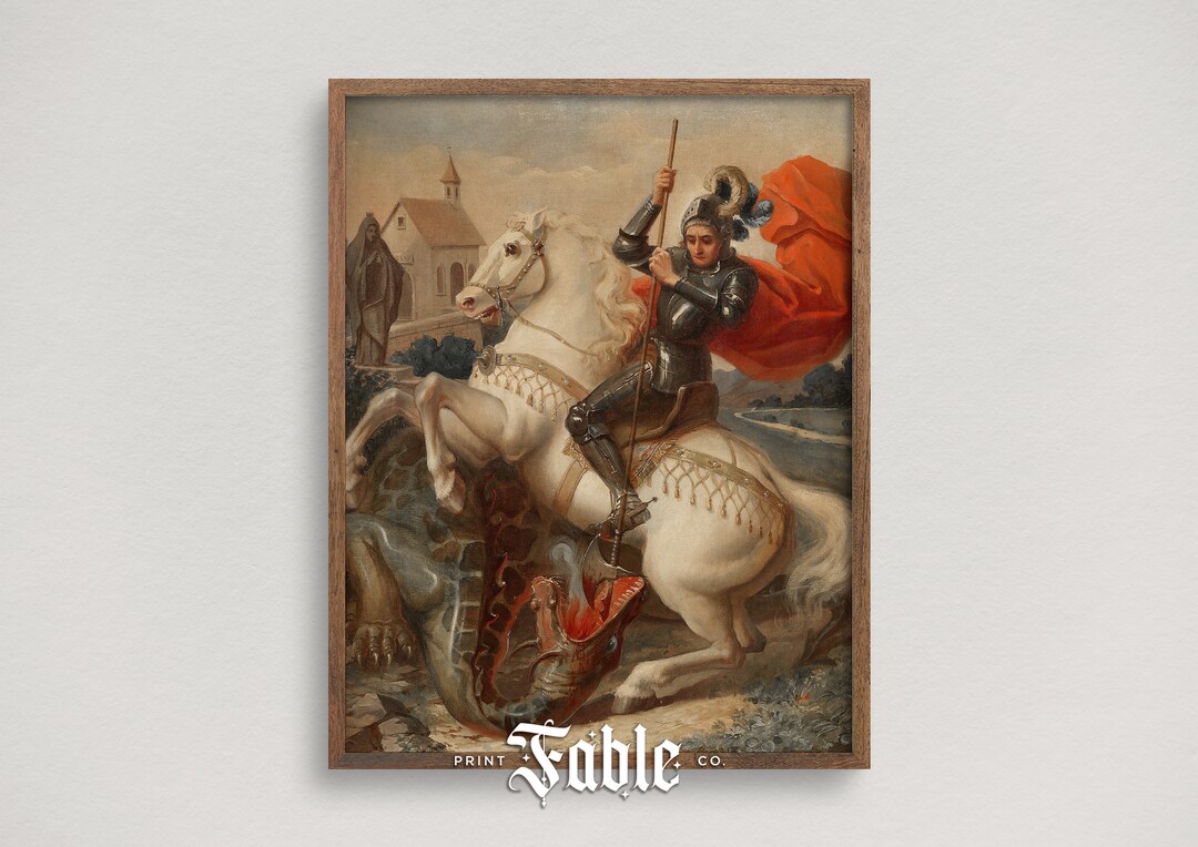 Knight Slaying the Dragon | Vintage Medieval Hero Painting | Printable ...