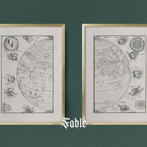 Vintage Map Set of 2 Illustrations | Antique World Map Prints ...