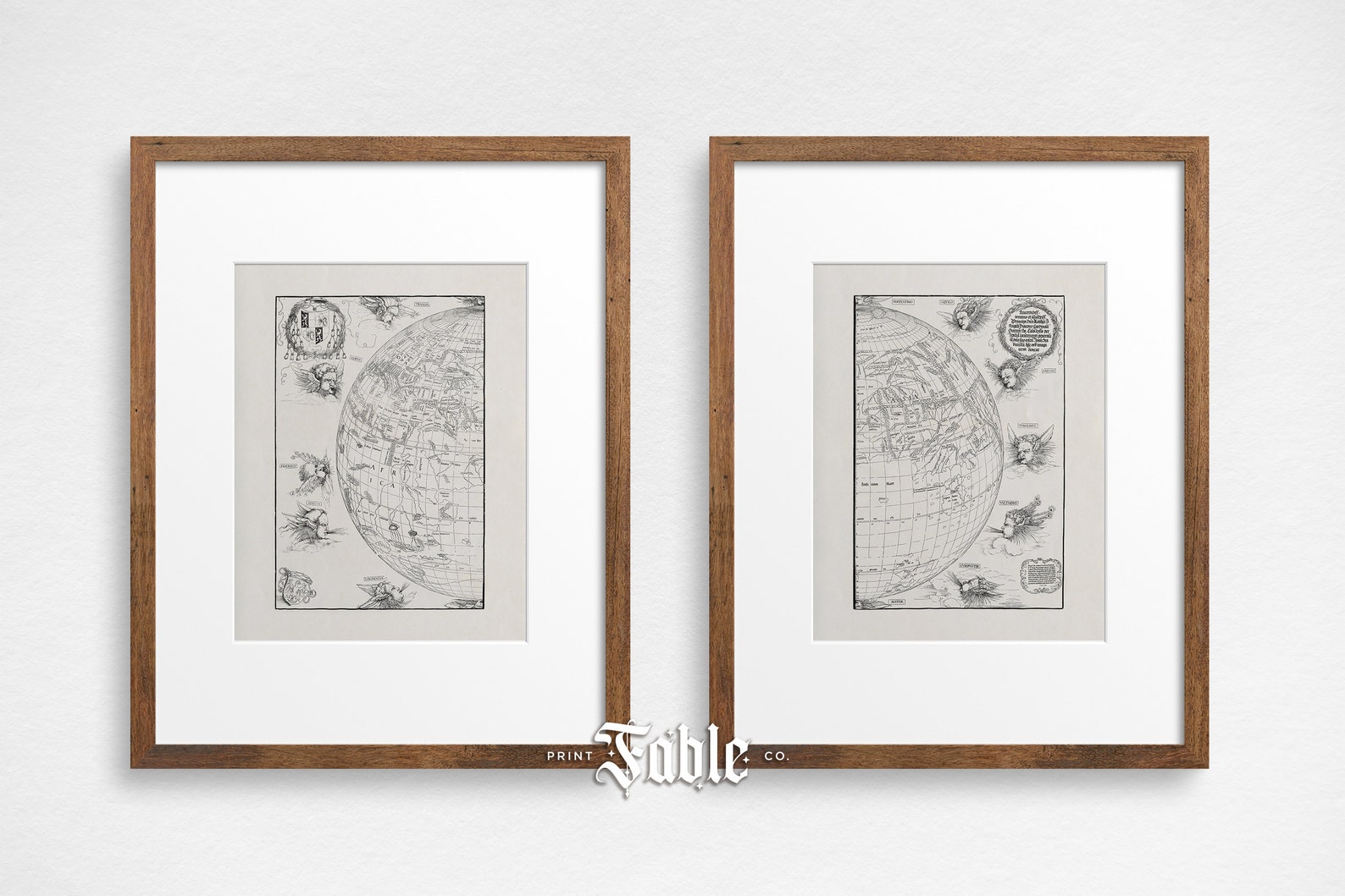 Vintage Map Set of 2 Illustrations | Antique World Map Prints ...