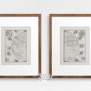Vintage Map Set of 2 Illustrations | Antique World Map Prints ...