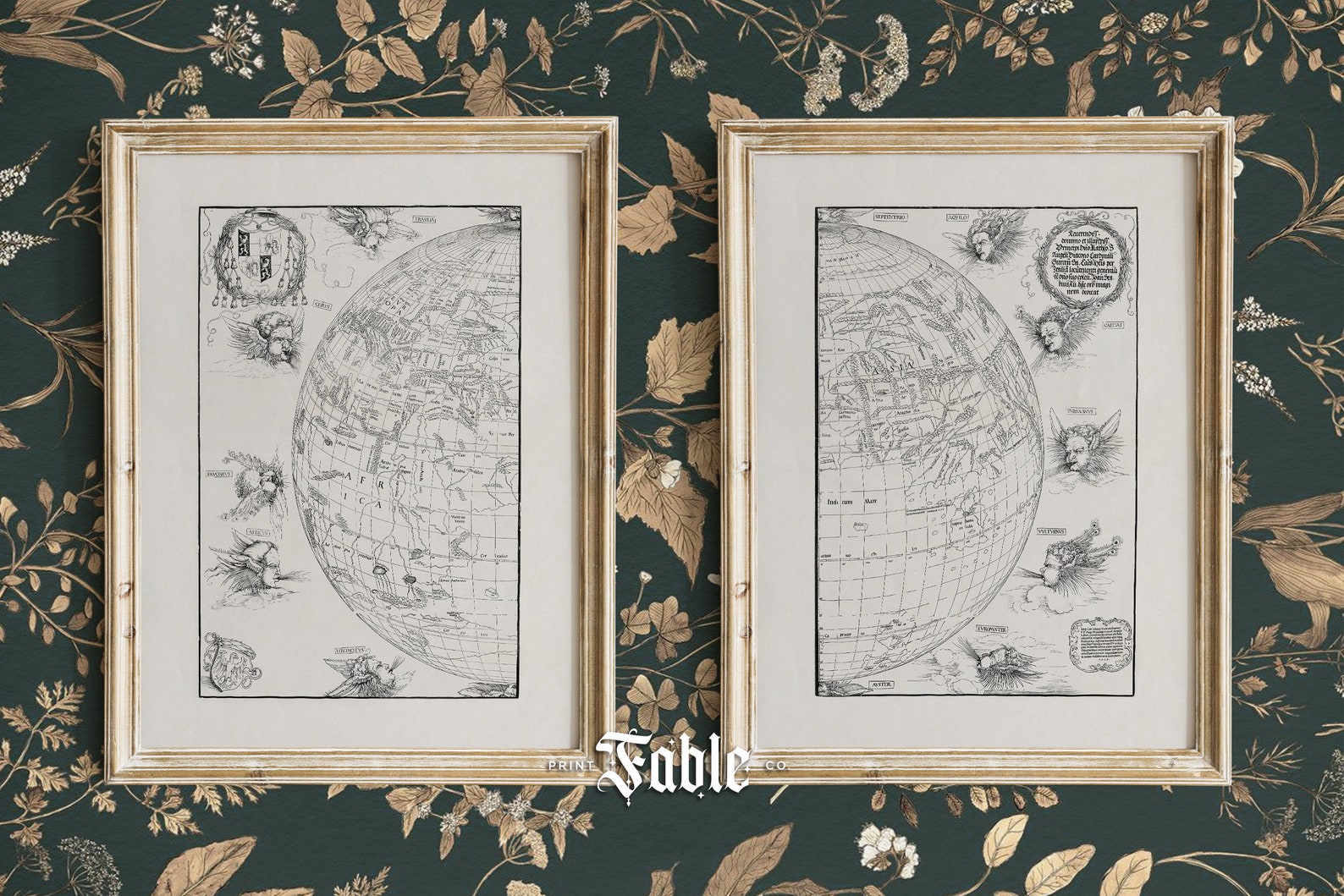 Vintage Map Set of 2 Illustrations | Antique World Map Prints ...