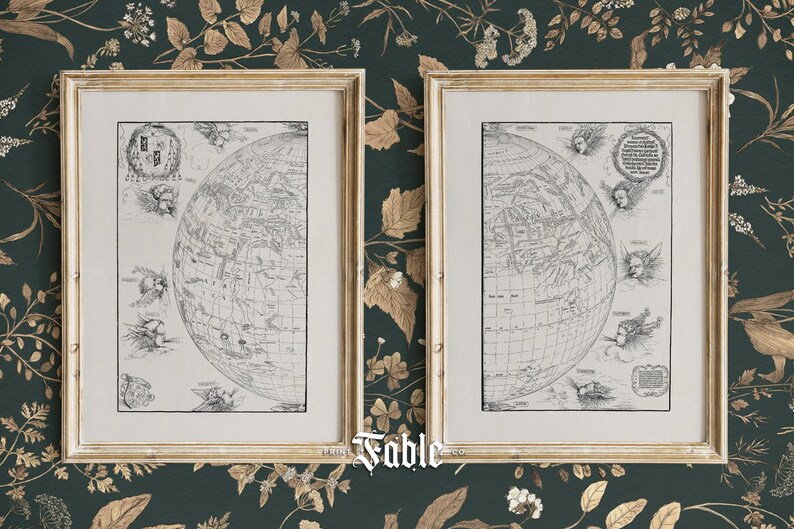 Vintage Map Set of 2 Illustrations | Antique World Map Prints ...