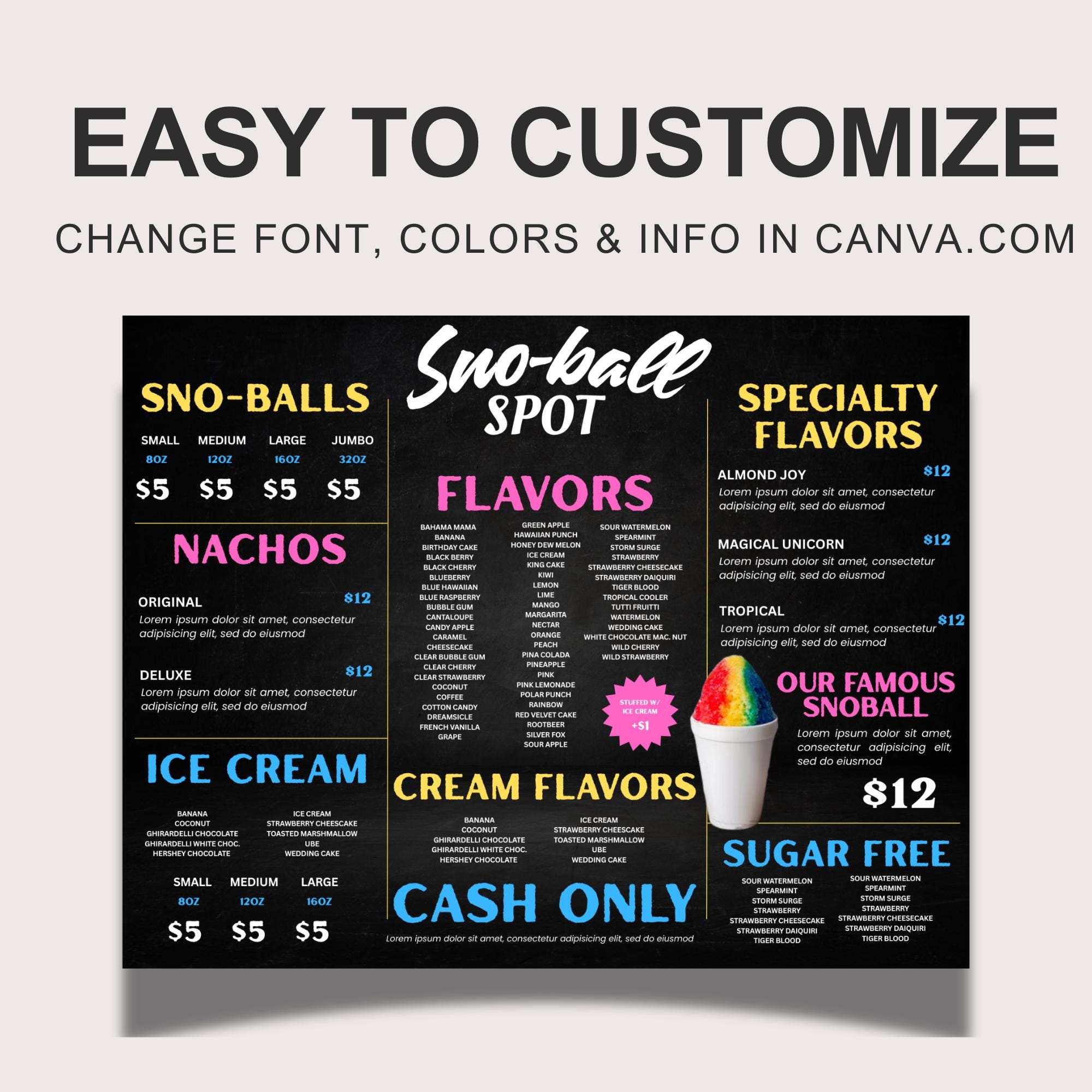 Snow Ball Menu Canva Template | Editable & Printable | Snow Cone ...
