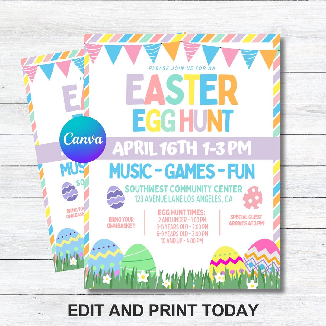 Easter Egg Hunt Invitation | Canva Template | School, Church ...