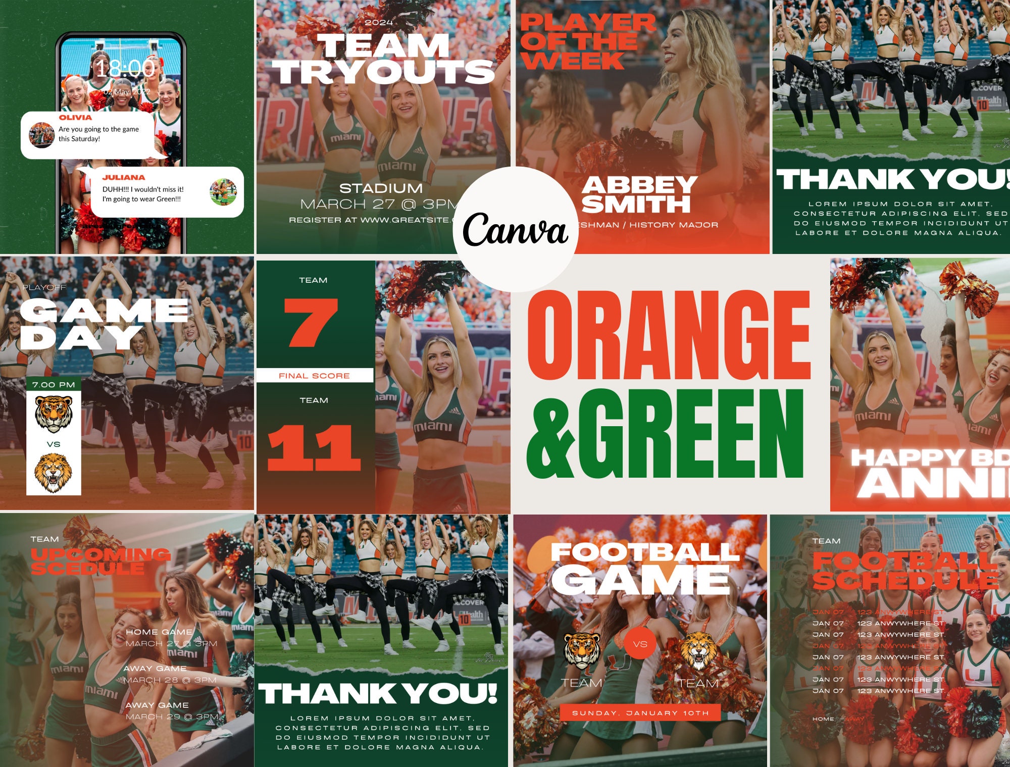 Orange & Green Sports Team Instagram Kit | Social Media Canva Template ...
