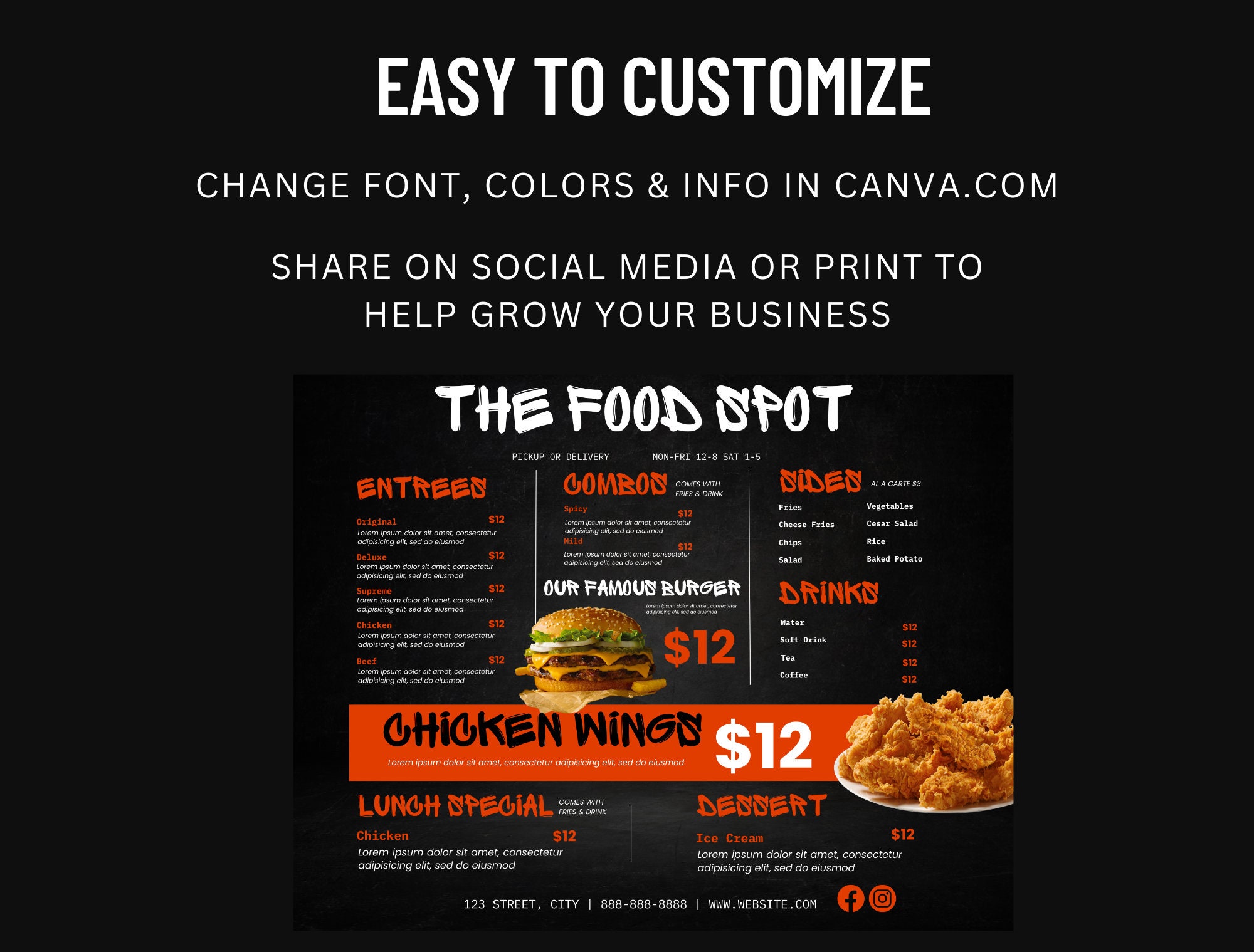 Black & Orange Restaurant Menu Template for Food Truck, Chef, Catering ...