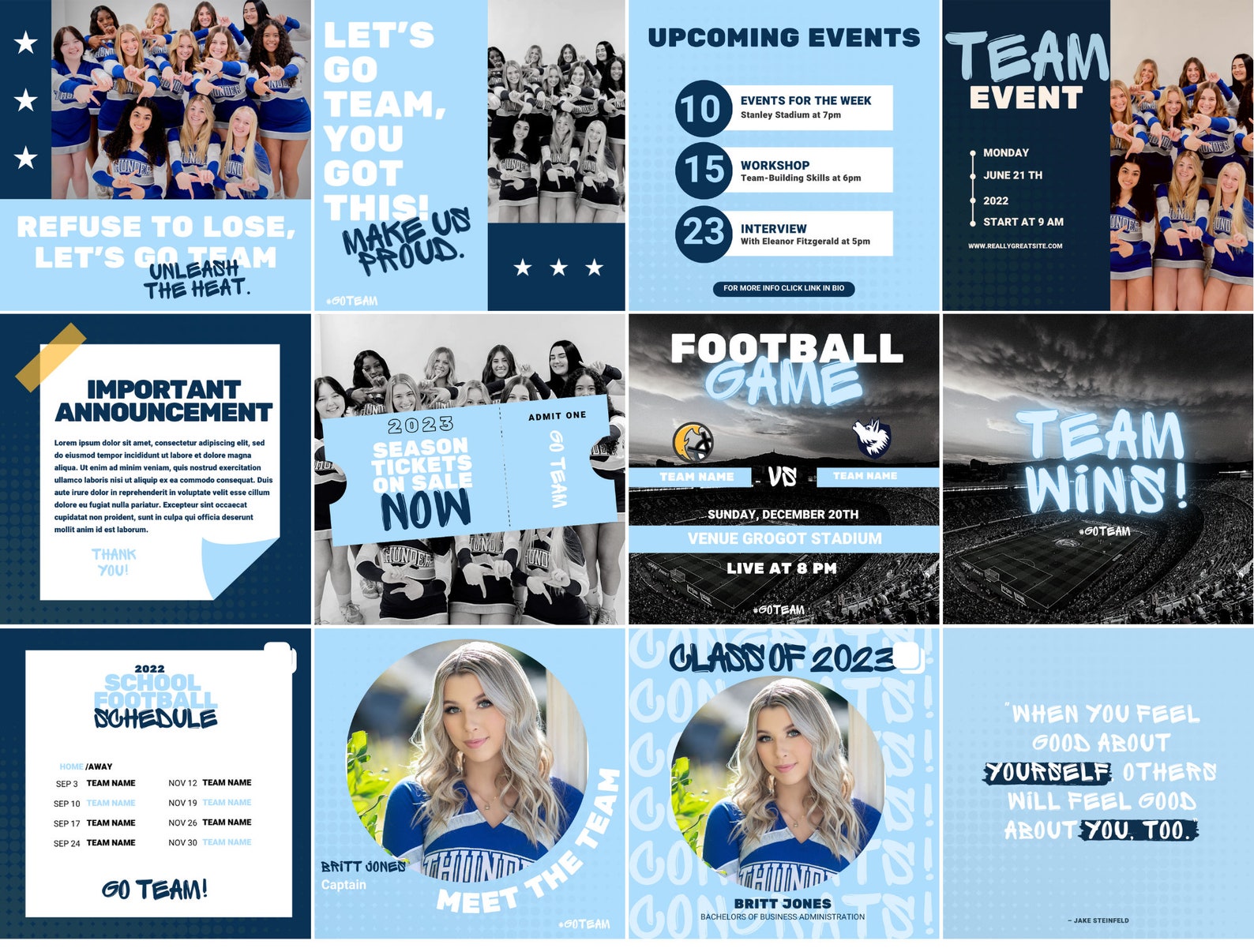 Blue Sports Team Instagram Kit | Social Media Posts Canva Template ...