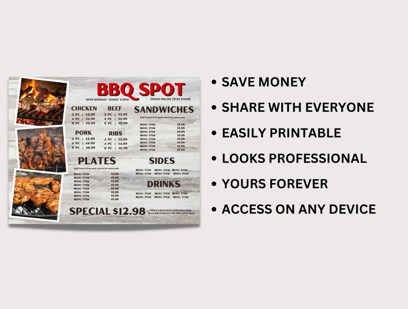 Rustic BBQ Restaurant Menu Canva Template | Editable & Printable | Food ...