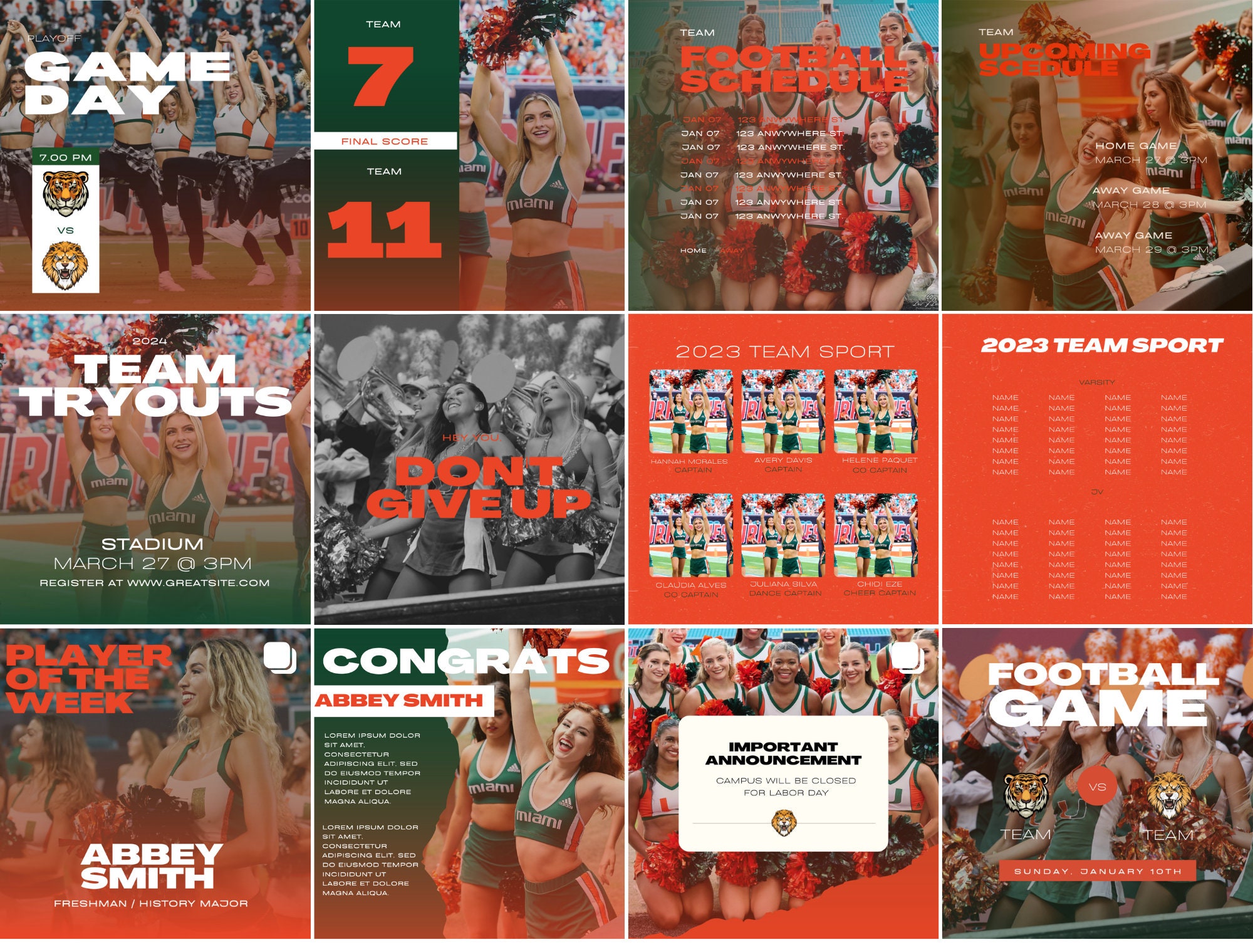 Orange & Green Sports Team Instagram Kit | Social Media Canva Template ...