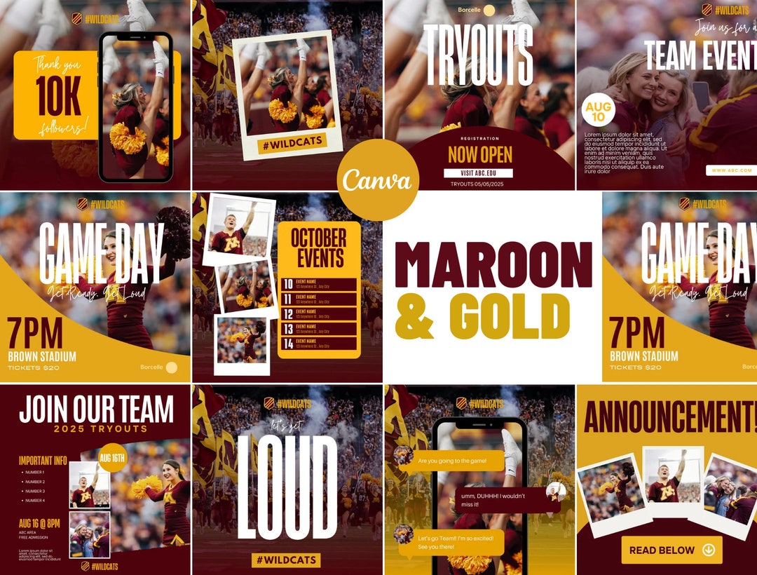 Maroon & Gold Social Media Canva Templates | 22 Square Posts | Sports ...