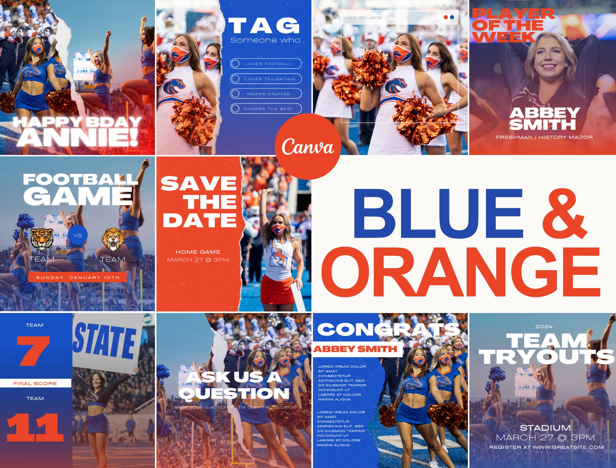 Blue & Orange Sports Team Instagram Kit Social Media Posts Canva ...