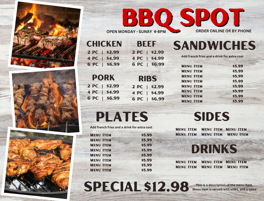 Rustic BBQ Restaurant Menu Template for Food Truck, Chef, Catering ...
