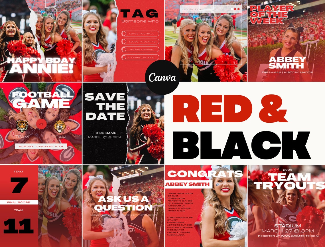 Red, Black & White Sports Team Instagram Kit Social Media Posts Canva ...