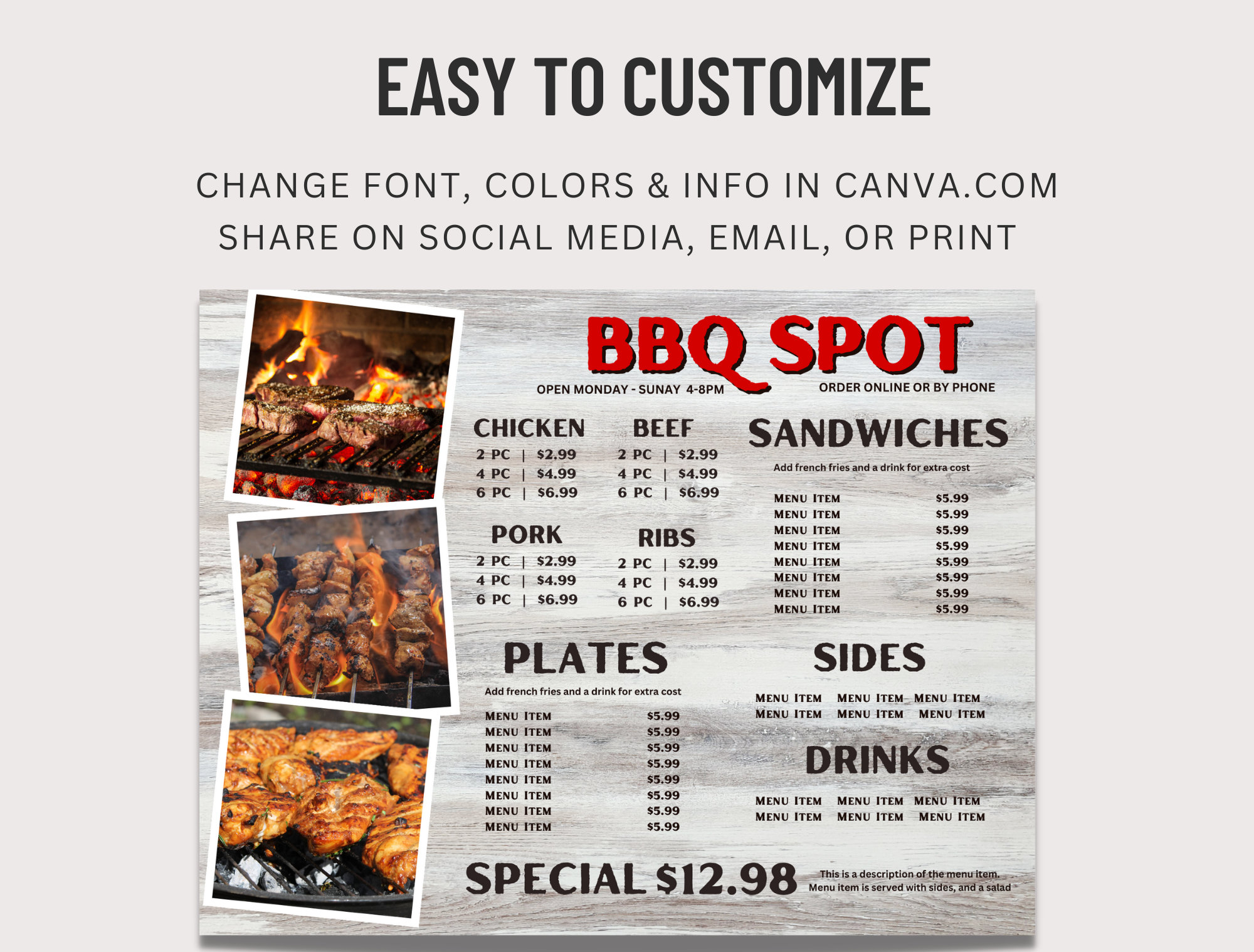 Rustic BBQ Restaurant Menu Template for Food Truck, Chef, Catering ...