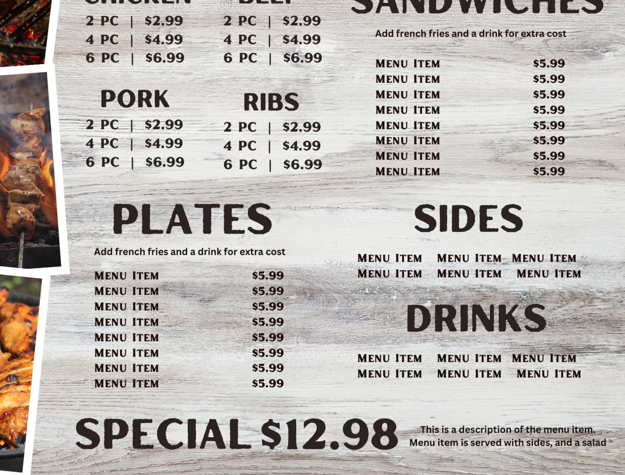 Rustic BBQ Restaurant Menu Canva Template | Editable & Printable | Food ...
