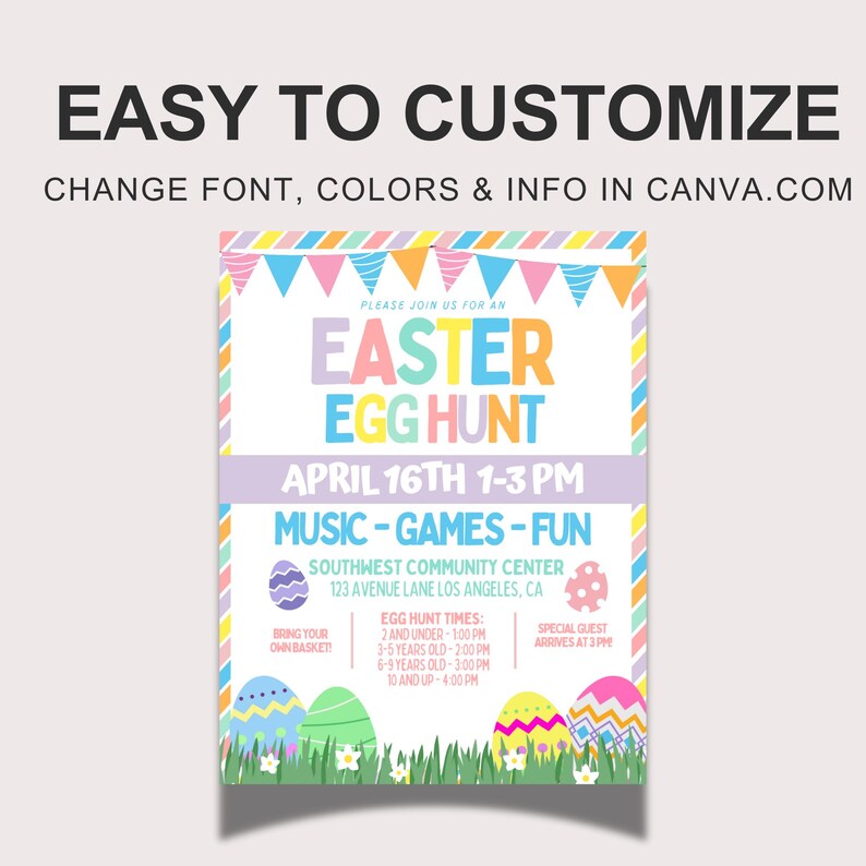 Easter Egg Hunt Invitation | Canva Template | School, Church ...