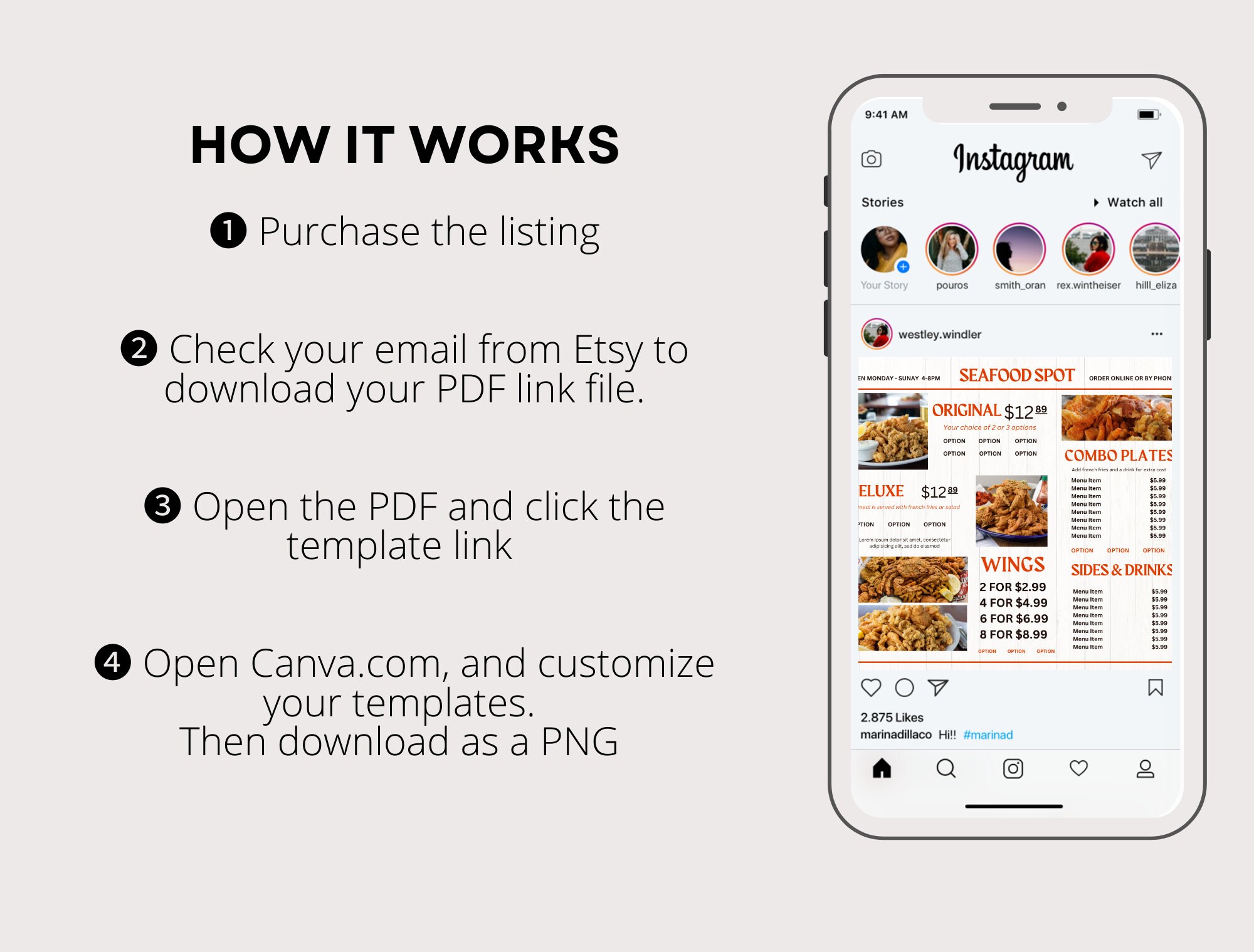 Canva Menu Template Restaurant Menu for Social Media Editable Printable ...