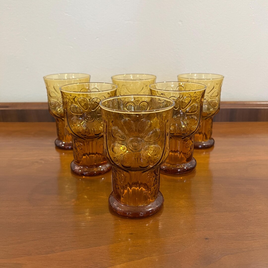 Set of 6 Vintage Libbey Country Garden Amber 8 Oz. Water Glasses Retro ...
