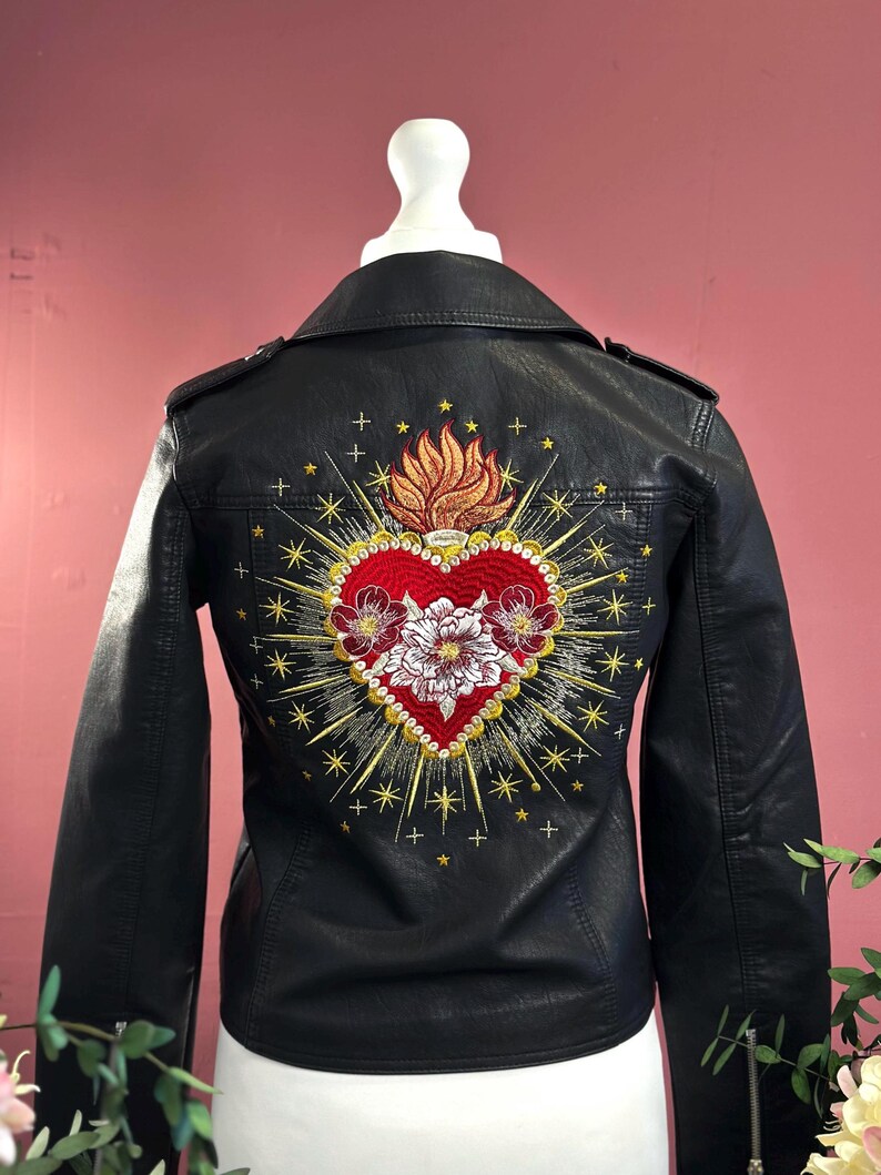 Embroidered Faux Leather Jacket: Celestial Gold Stars, Sacred Heart ...