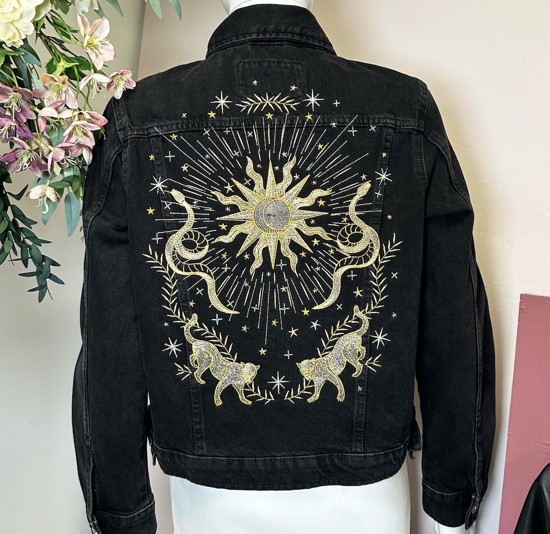 Celestial Embroidered Denim Jacket / Zodiac Star Signs With Tiger, Sun ...