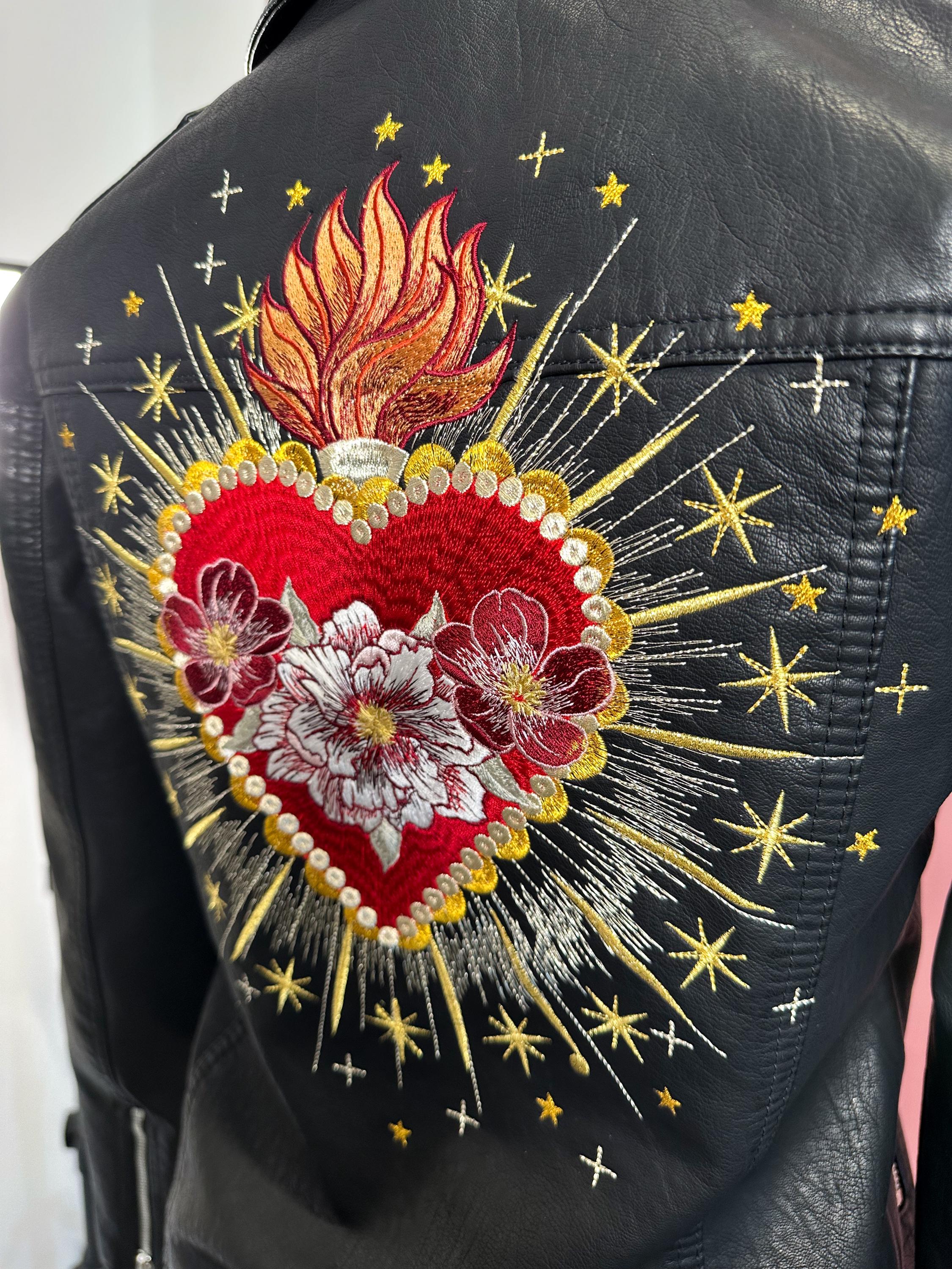 Embroidered Faux Leather Jacket: Celestial Gold Stars, Sacred Heart ...