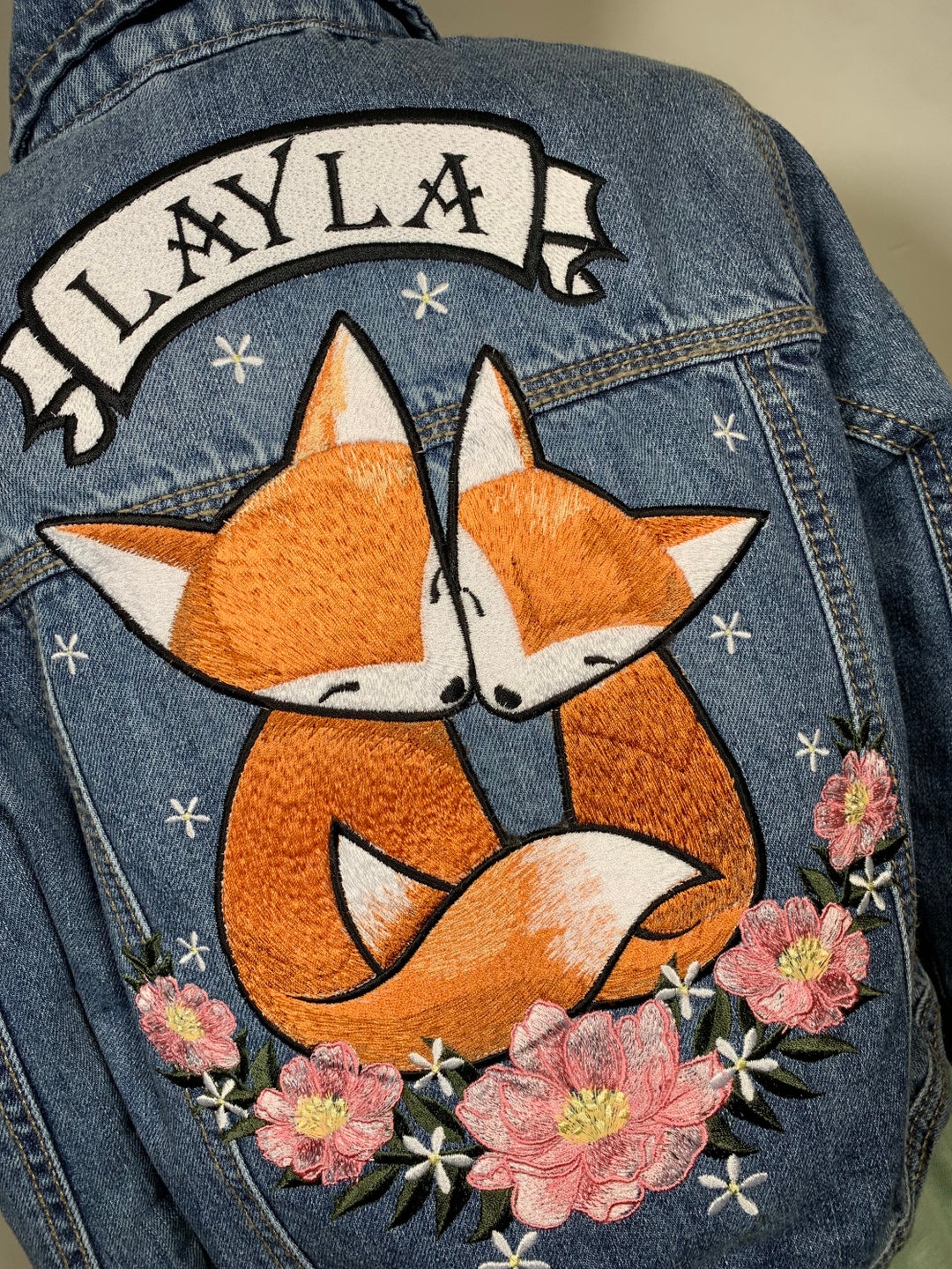 Custom Embroidered Denim Jacket: Fox and Flowers Design - Etsy
