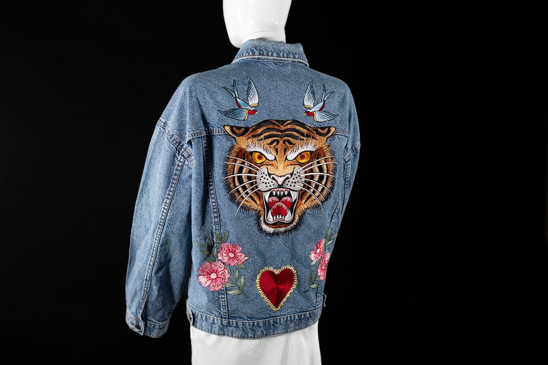 Embroidered Tiger Denim Jacket: Old School Tattoo Style - Etsy