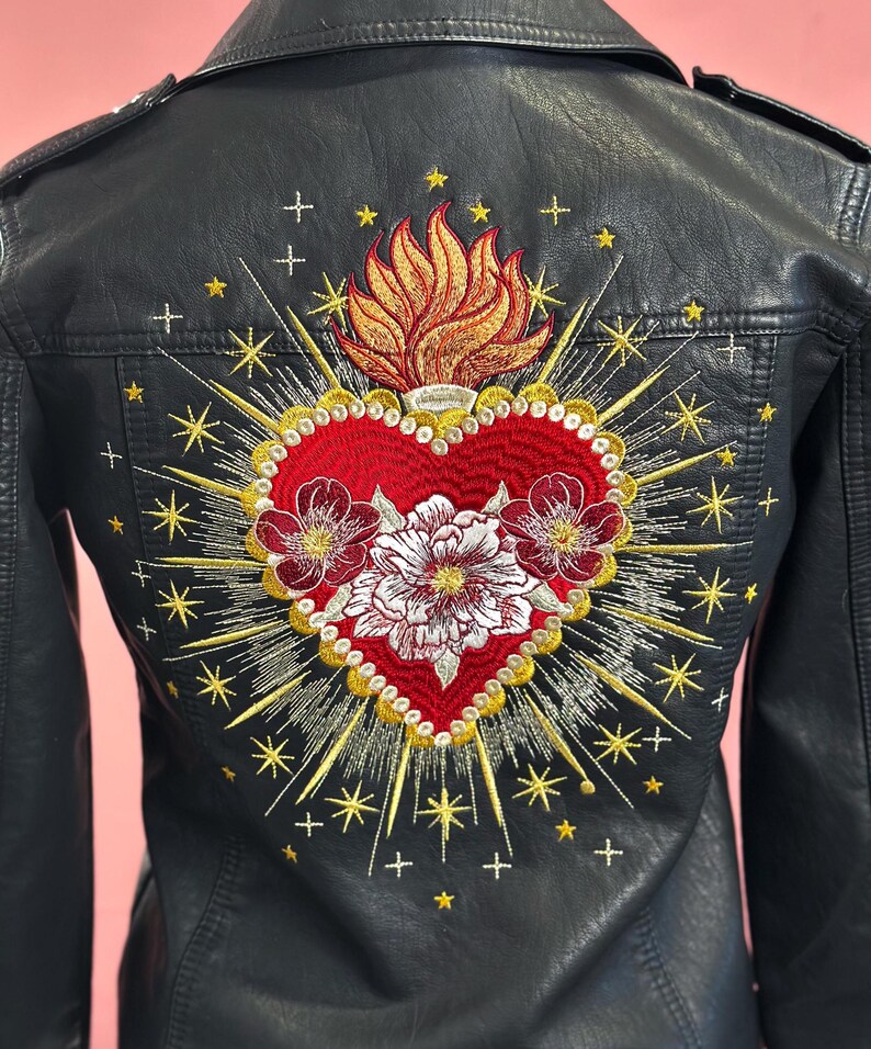 Embroidered Faux Leather Jacket: Celestial Gold Stars, Sacred Heart ...