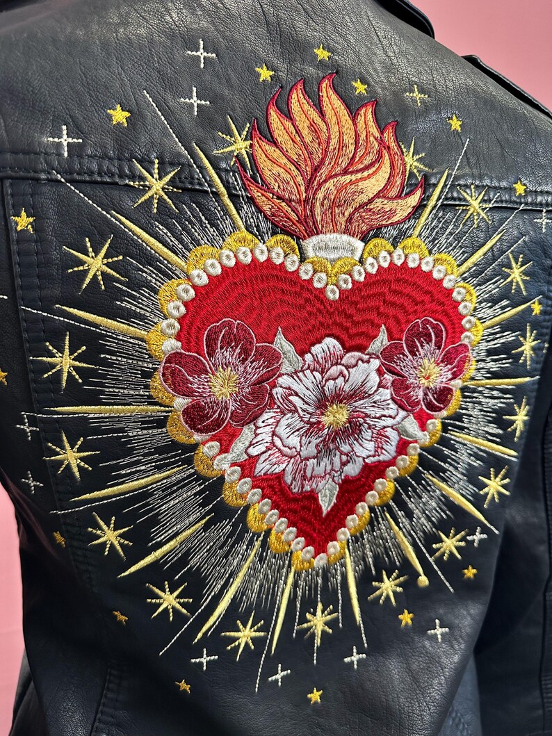 Embroidered Faux Leather Jacket: Celestial Gold Stars, Sacred Heart ...