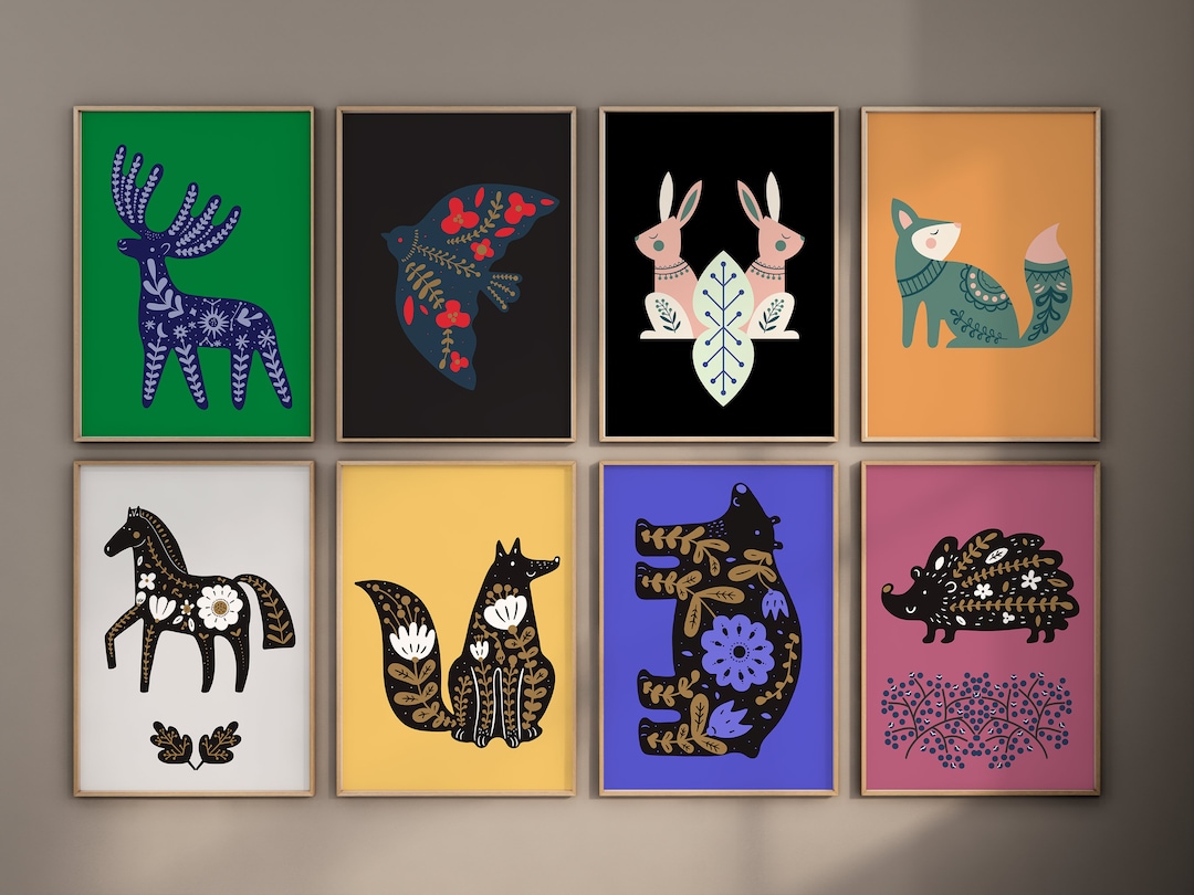 8 Scandinavian Animal Folk Prints,scandinavian Art,scandinavian Style ...