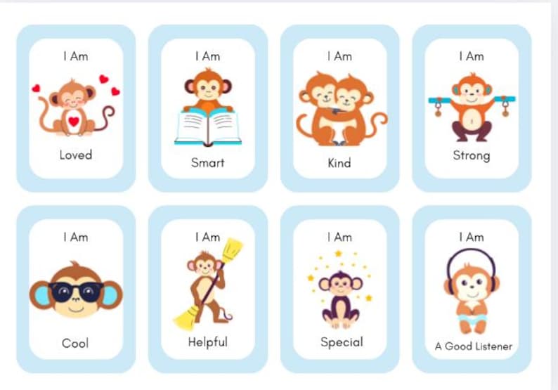 Positive Affirmation Monkey Flash Cards for Kids | Printable | Kid's ...