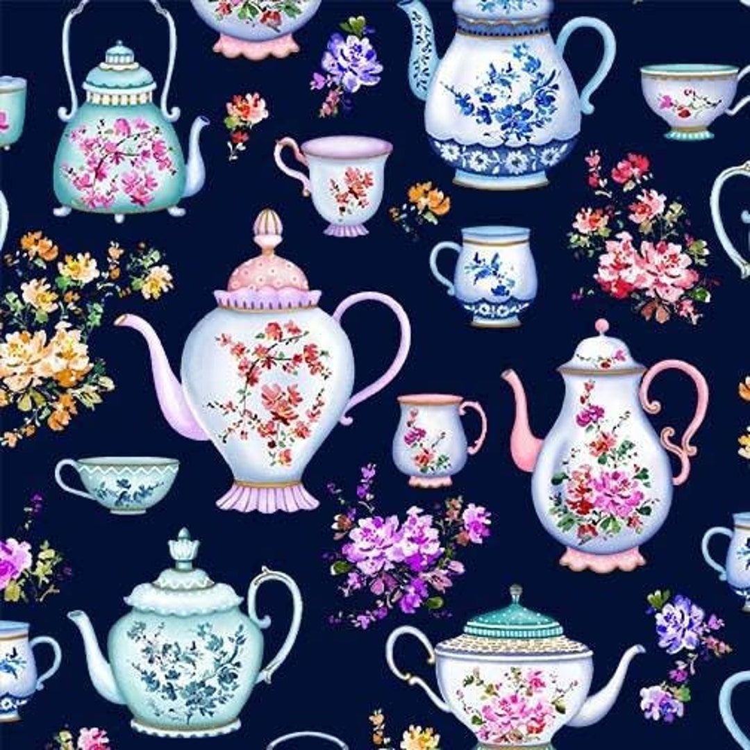 Tea Garden Navy - Tea O'clock by Michael Miller - Etsy