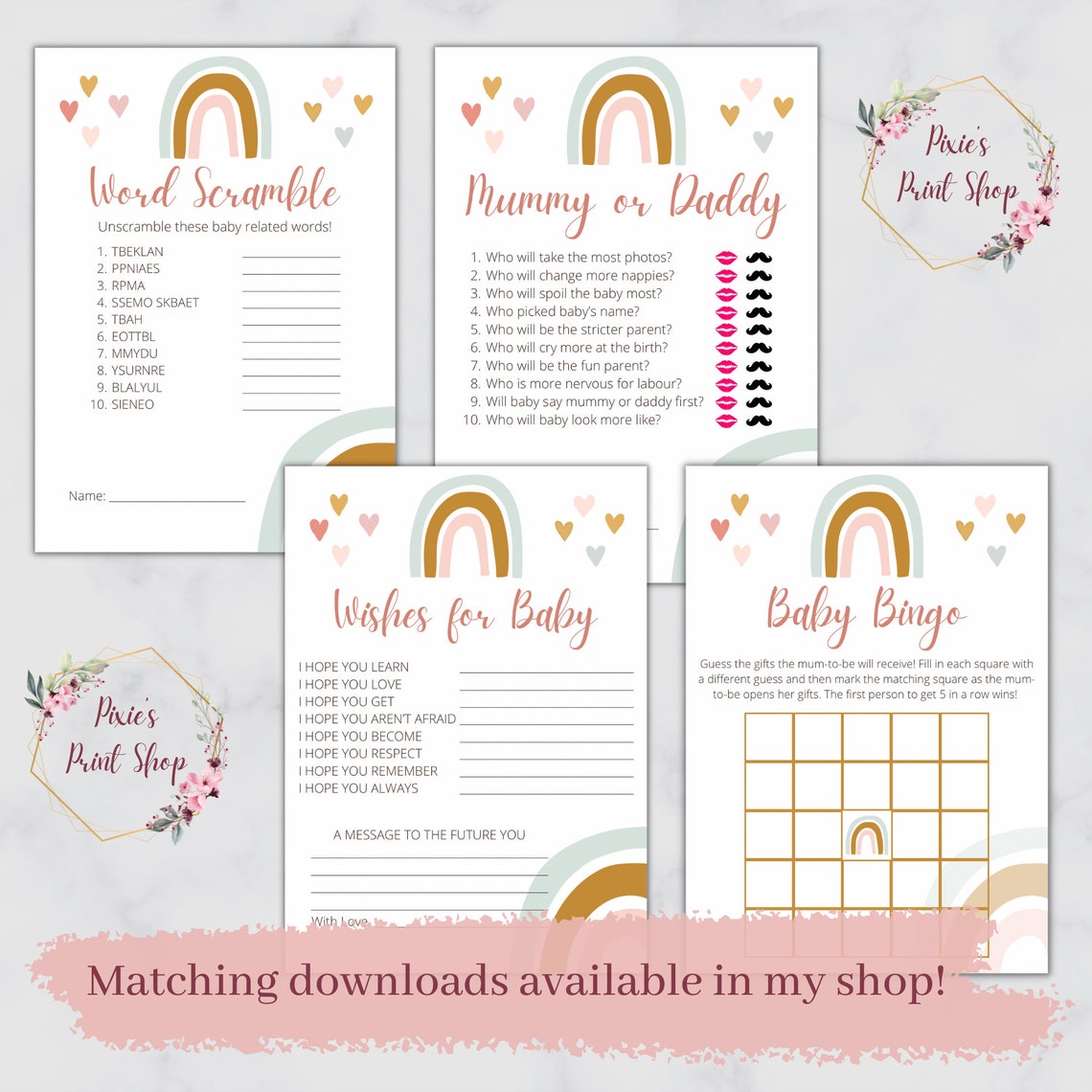 Word Scramble Rainbow Pastel Boho Baby Shower Game - Pink Rust Mint ...
