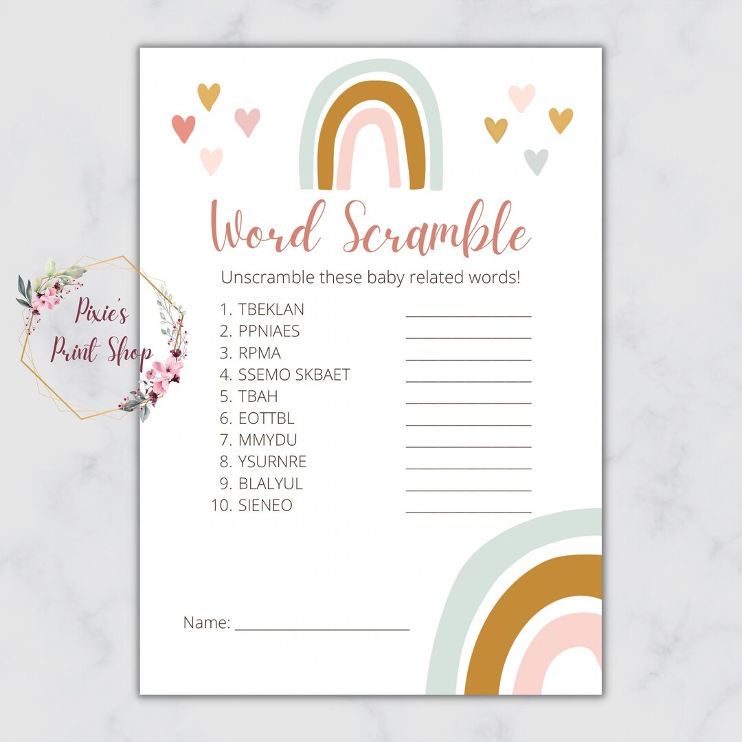 Word Scramble Rainbow Pastel Boho Baby Shower Game - Pink Rust Mint ...