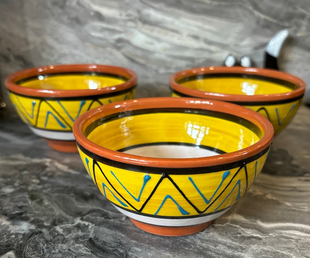 Spanish Pottery Hand Painted Snack Bowls. Set of 3 Vibrant Yellow Small ...