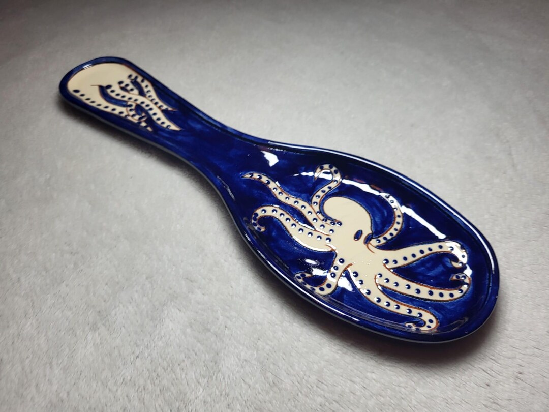 Hand-painted Spanish Pottery Spoon Rest: Blue and White Octopus Design ...