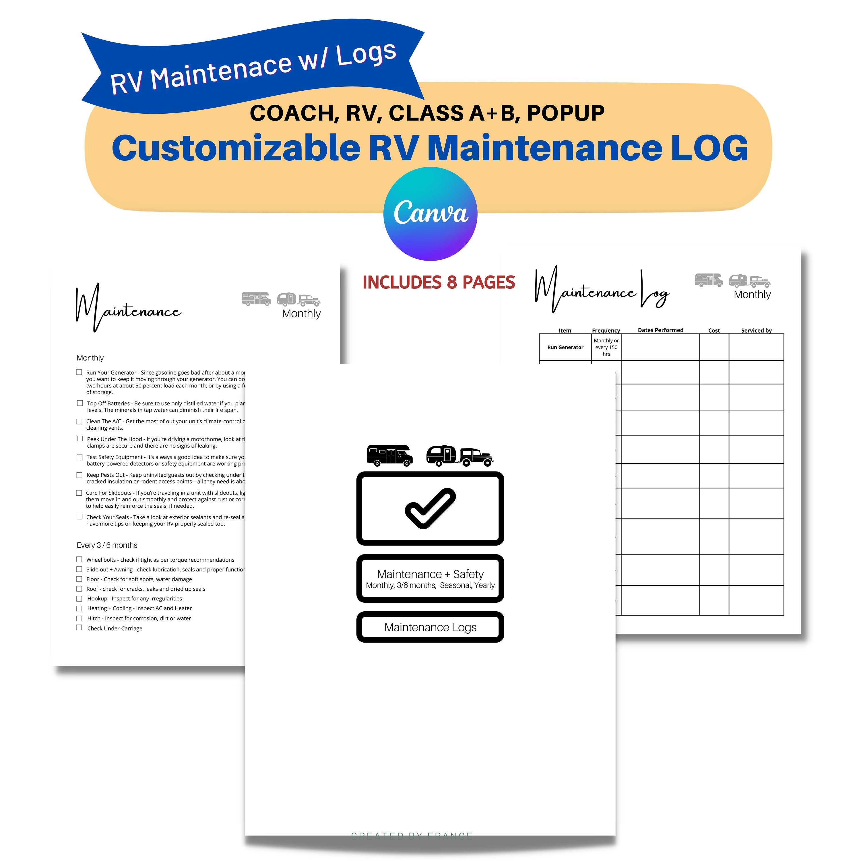 CUSTOMIZABLE RV Maintenance Checklist, RV Maintenance Log, Safety ...