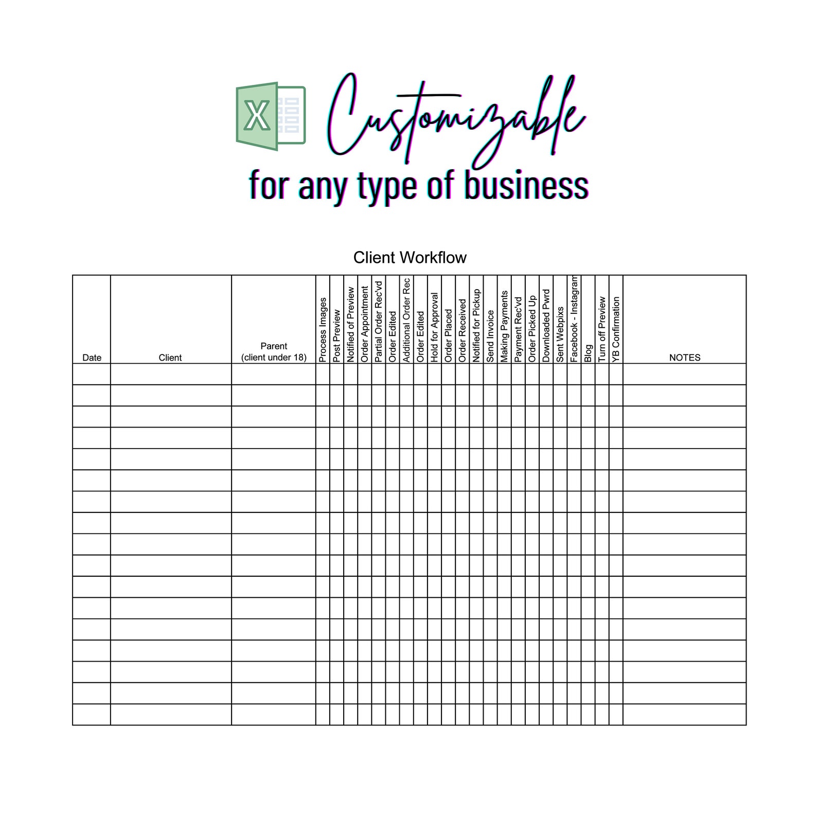 Minimalistic Workflow Template, Excel Workflow Chart, Photographer Workflow Chart, Excel ...