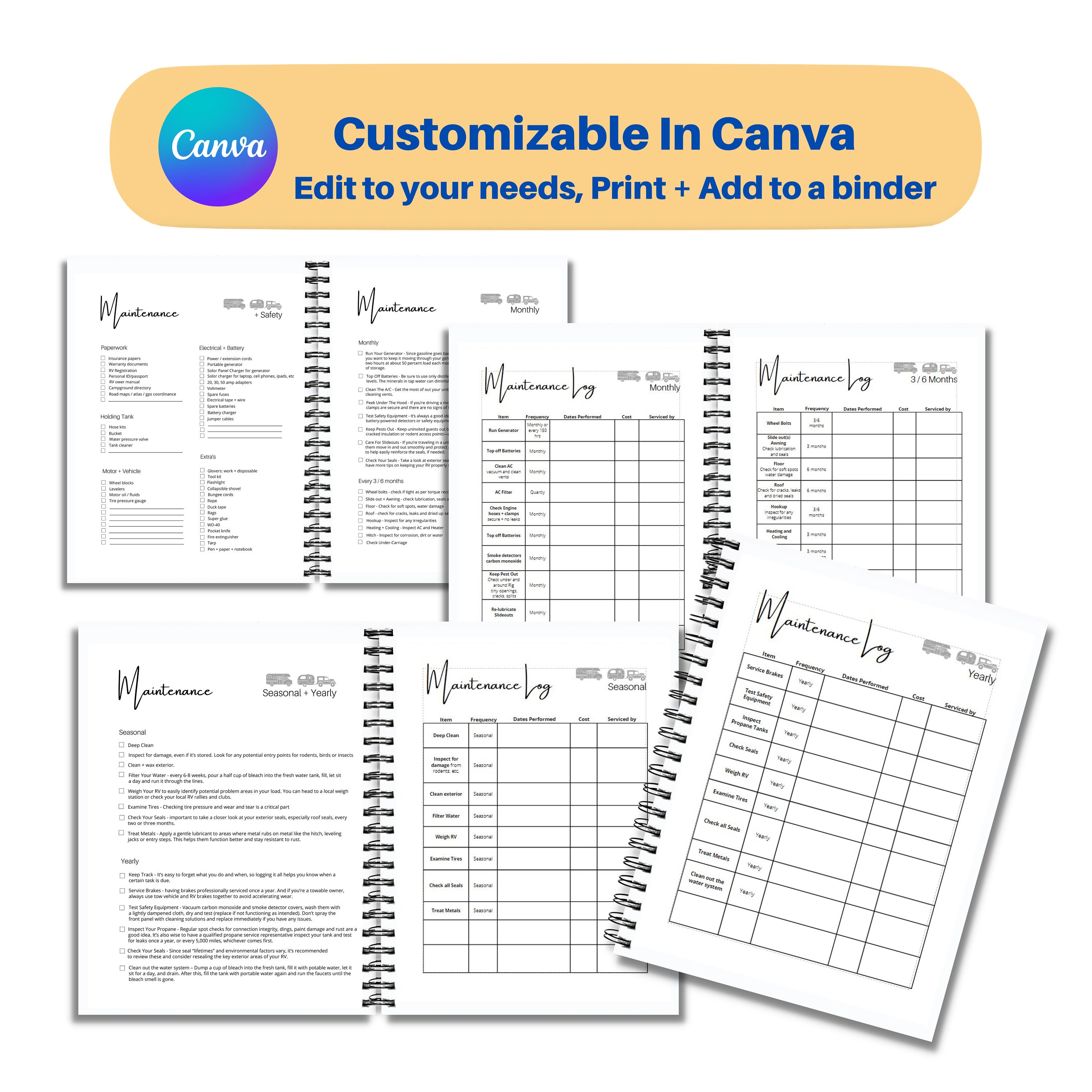 CUSTOMIZABLE RV Maintenance Checklist, RV Maintenance Log, Safety ...