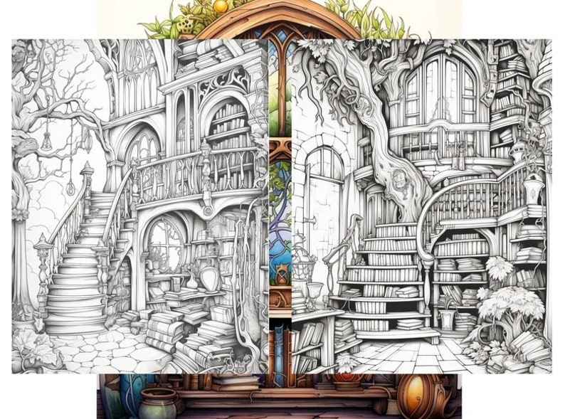 50 Enchanted Library Colouring Pages - Adult and Kids Colouring Book ...