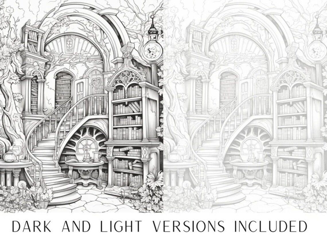 50 Enchanted Library Colouring Pages - Adult and Kids Colouring Book ...