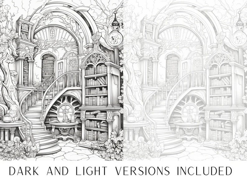 50 Enchanted Library Colouring Pages - Adult and Kids Colouring Book ...