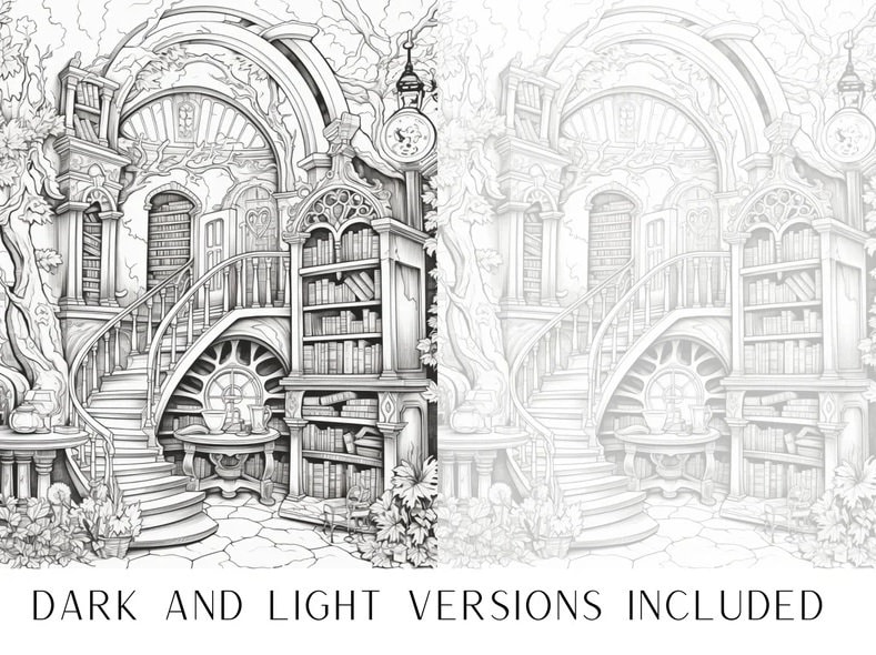 50 Enchanted Library Colouring Pages - Adult and Kids Colouring Book ...